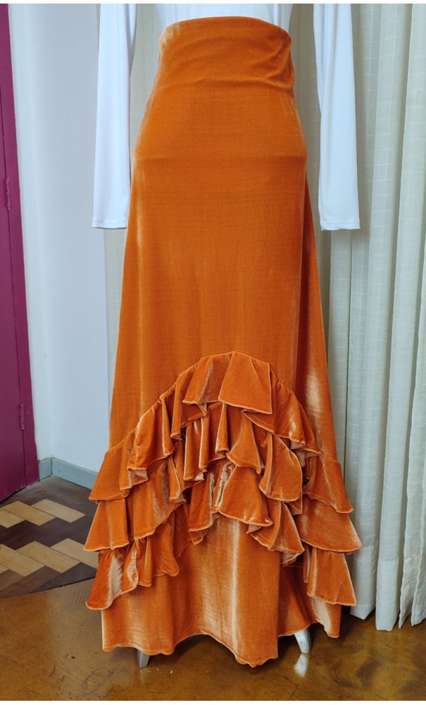 Rust Color Velvet Flamenco Skirt w/Ruffles
